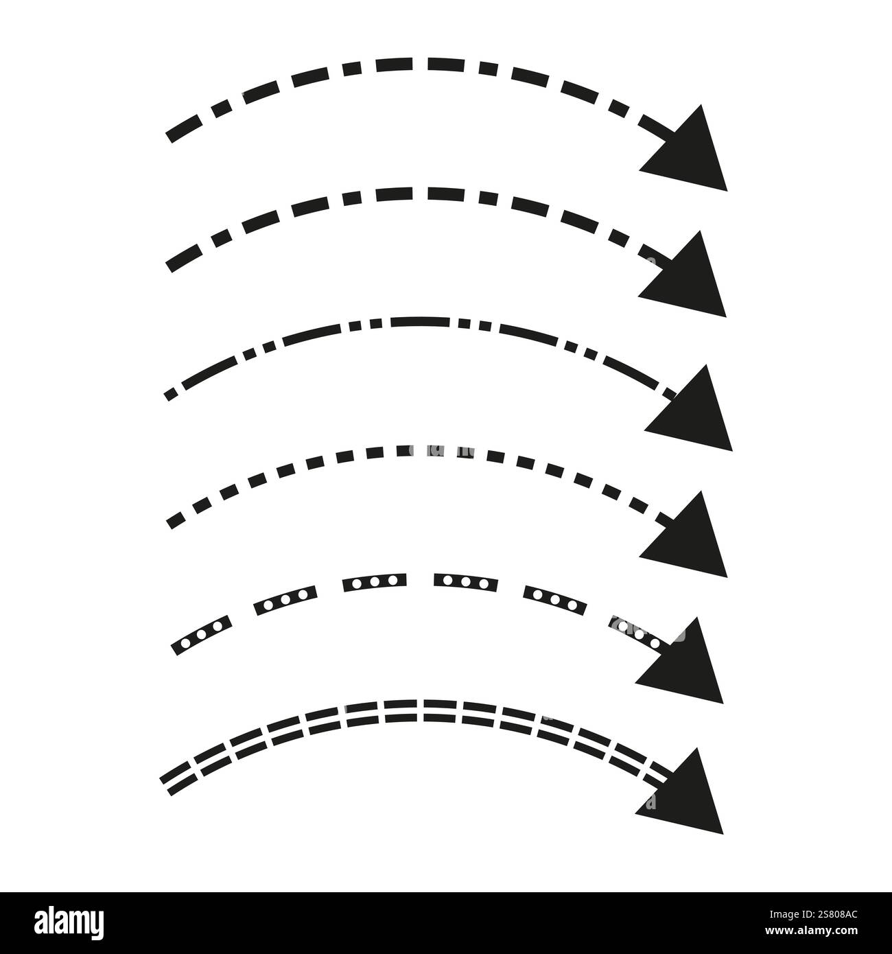 Curved arrow shape. Directional motion icon. Dynamic vector symbol. Dashed line illustration ...