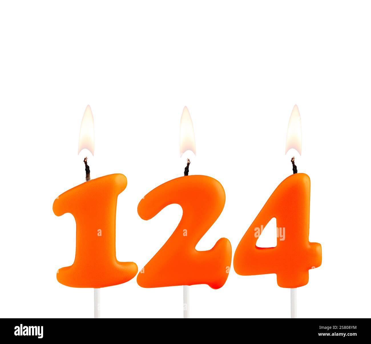 Orange birthday candle on white background - Number 124 Stock Photo - Alamy