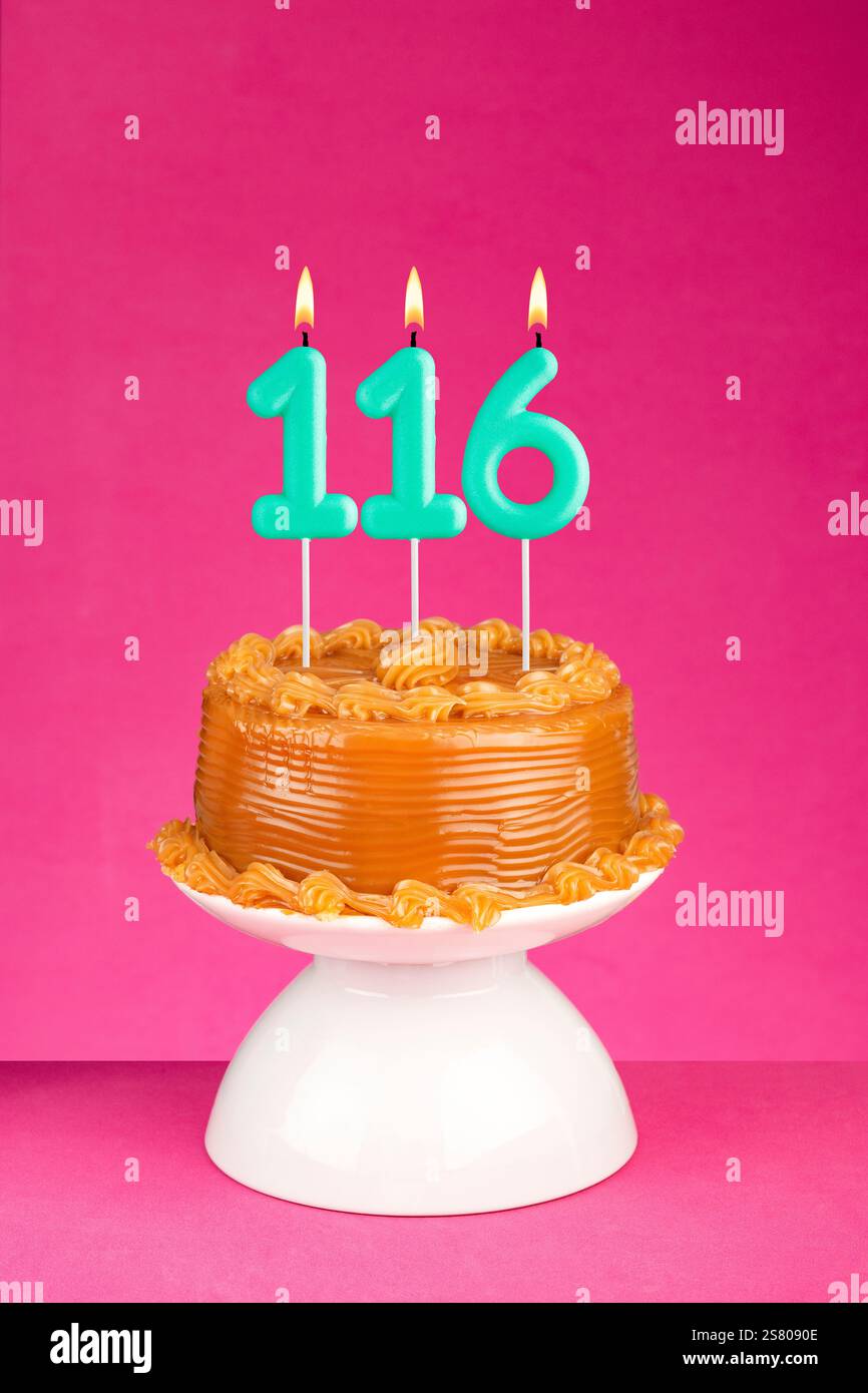Birthday cake with number 116 candle - Anniversary card on a pink ...