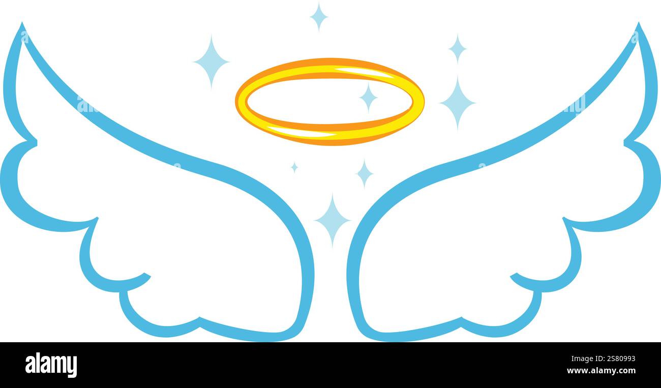Cartoon style blue angel wings and golden halo with sparkling stars ...