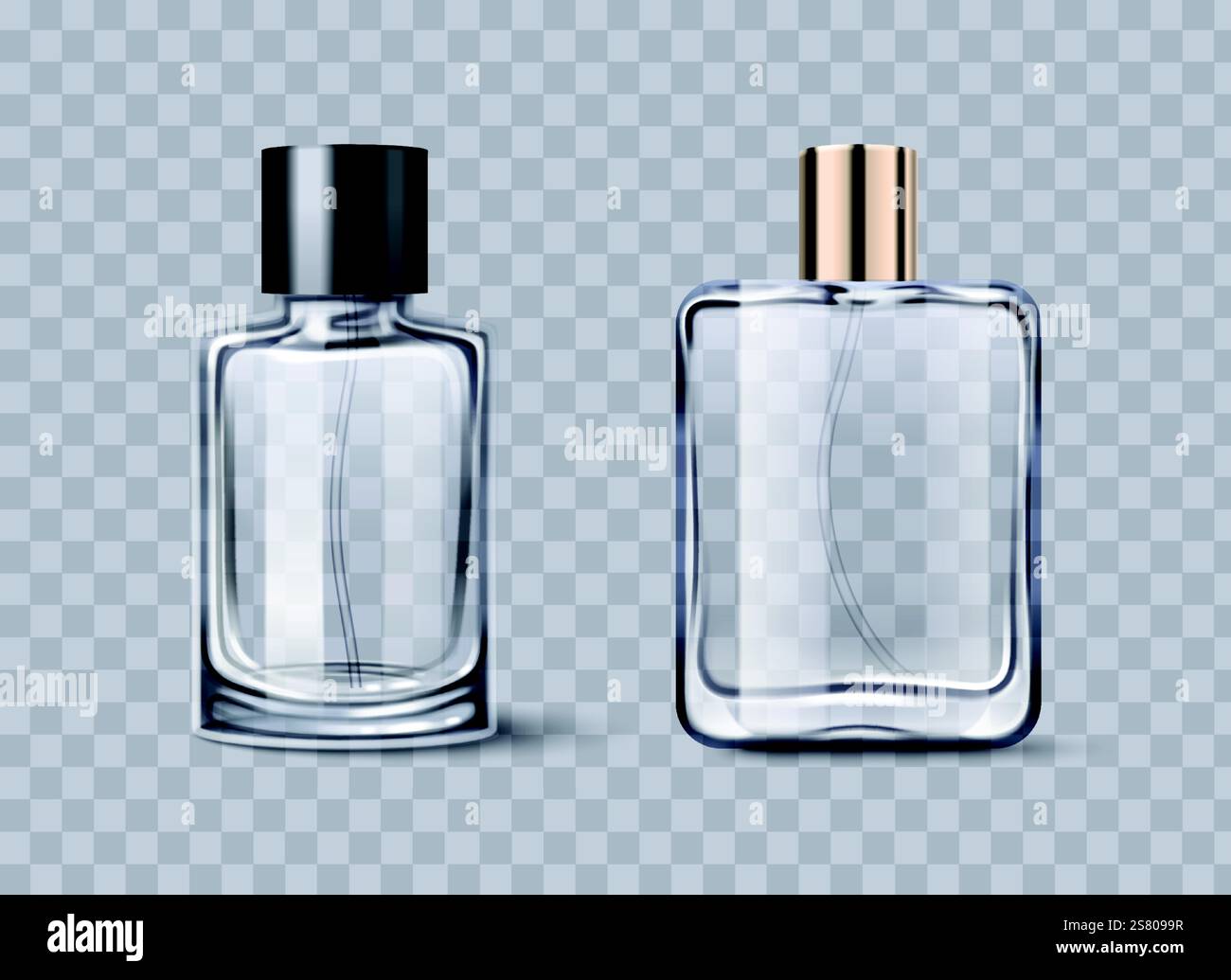 Fragrance glass bottles with black and golden caps on transparent ...