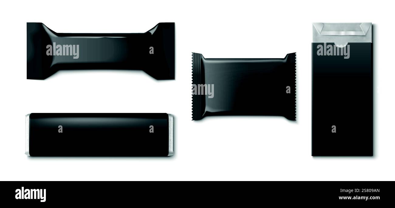 Chocolate bar mockup collection of black blank wrappers - foil sealed ...