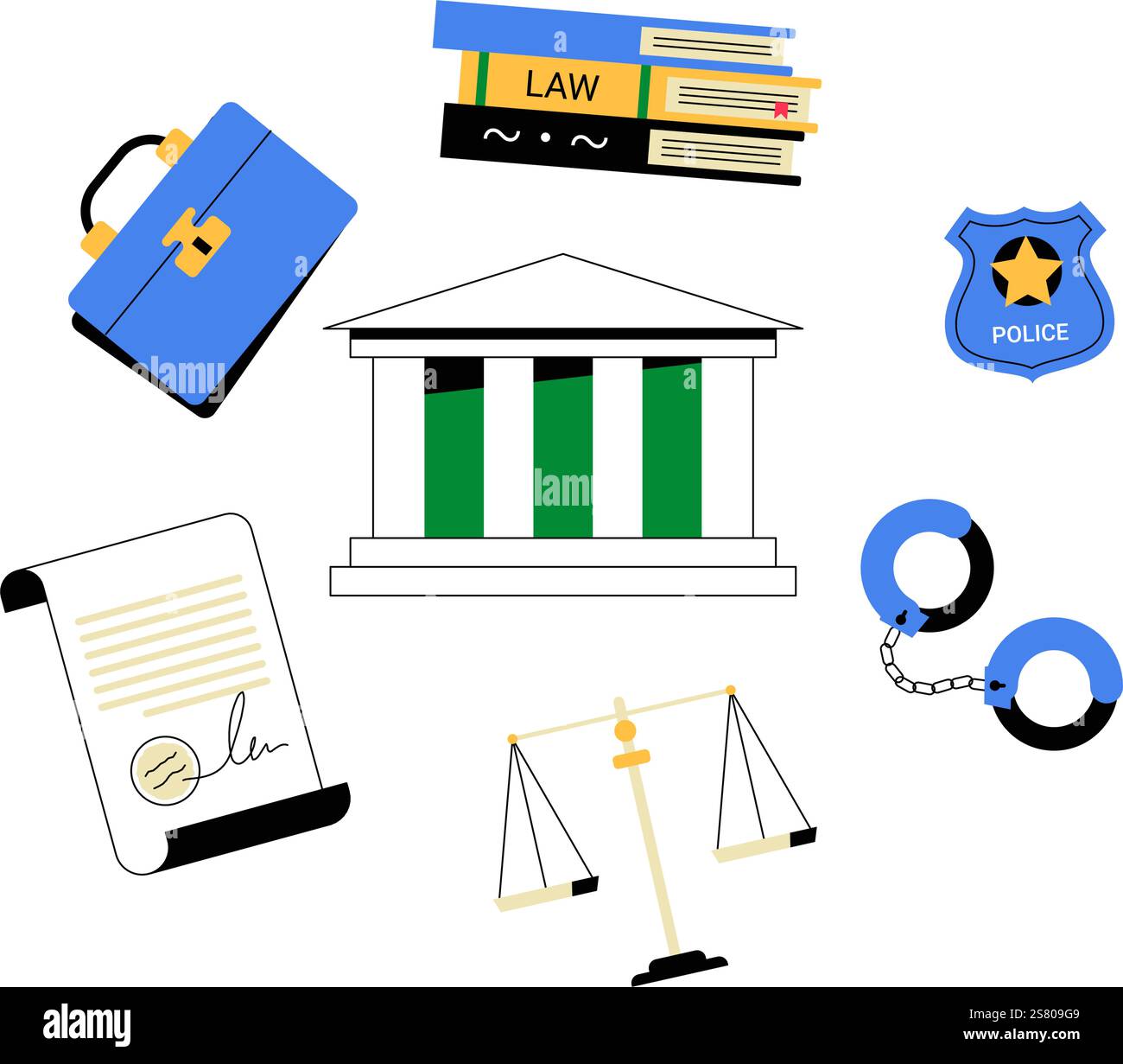 Law Symbols Including Courthouse, Handcuffs, And Scales In Flat Vector ...