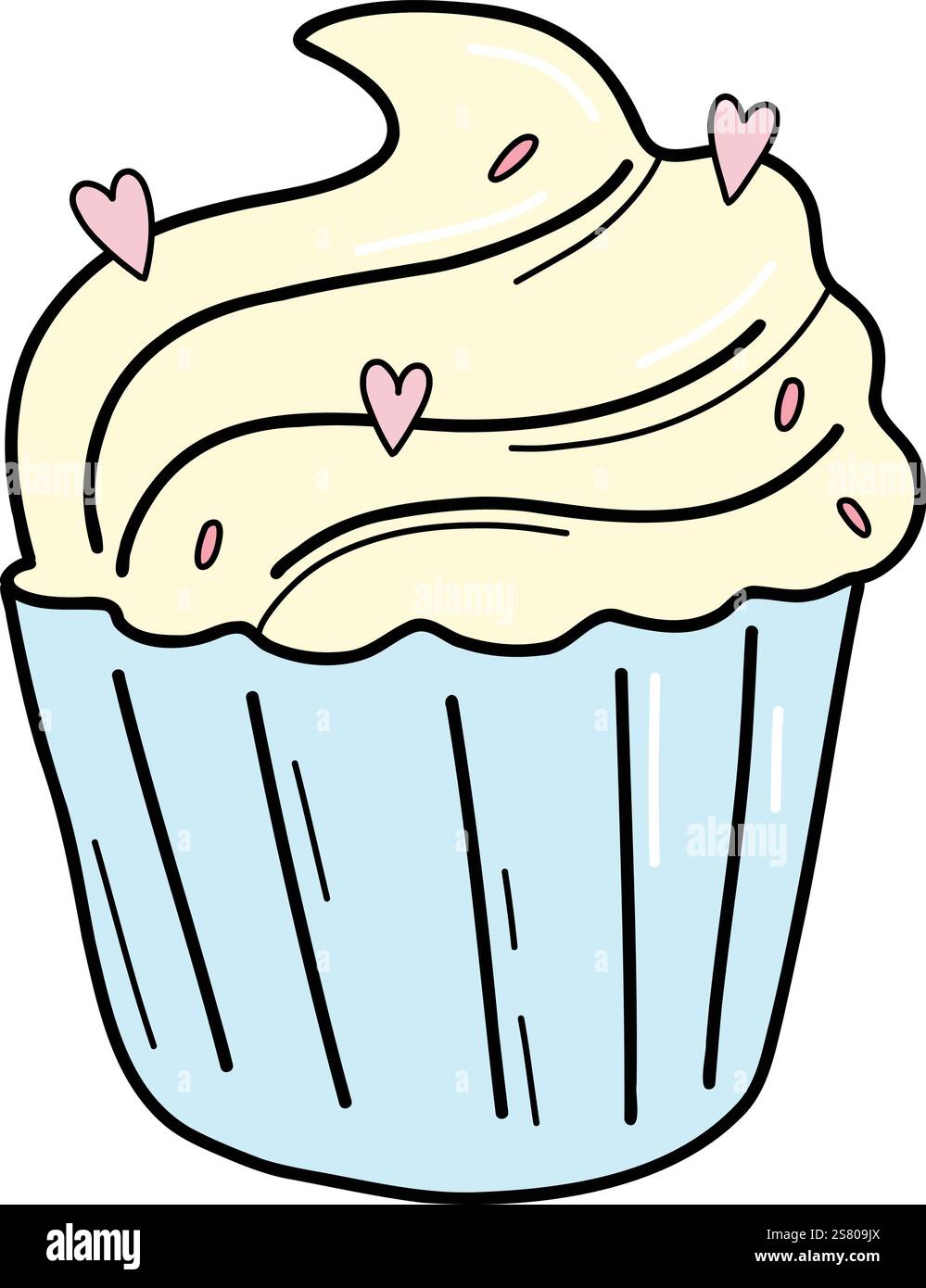 Muffin topped with whipped cream and sweet sprinkles. Baked pie. Dragee ...