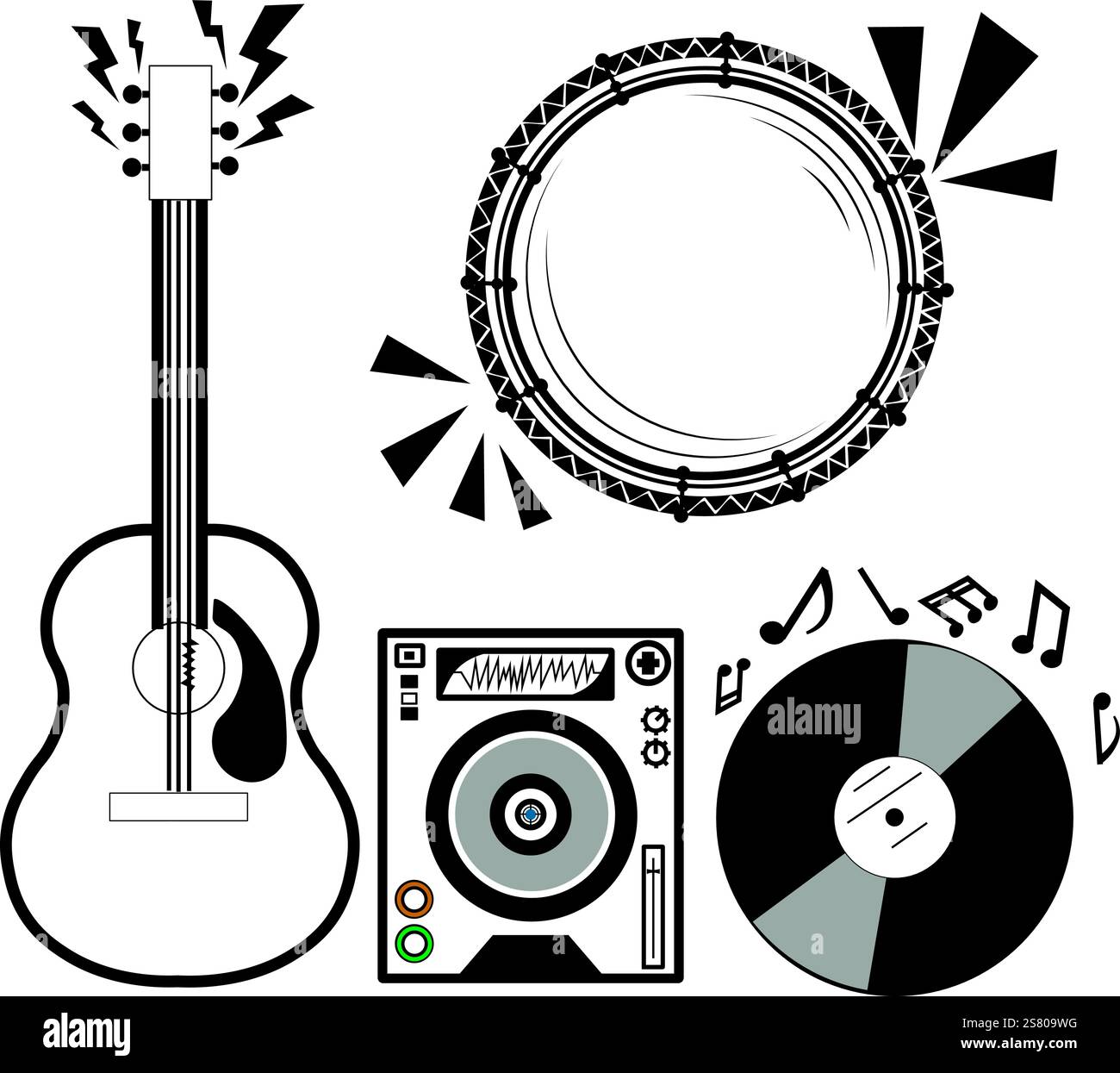 Drawings of musical instruments representing various genres of music ...