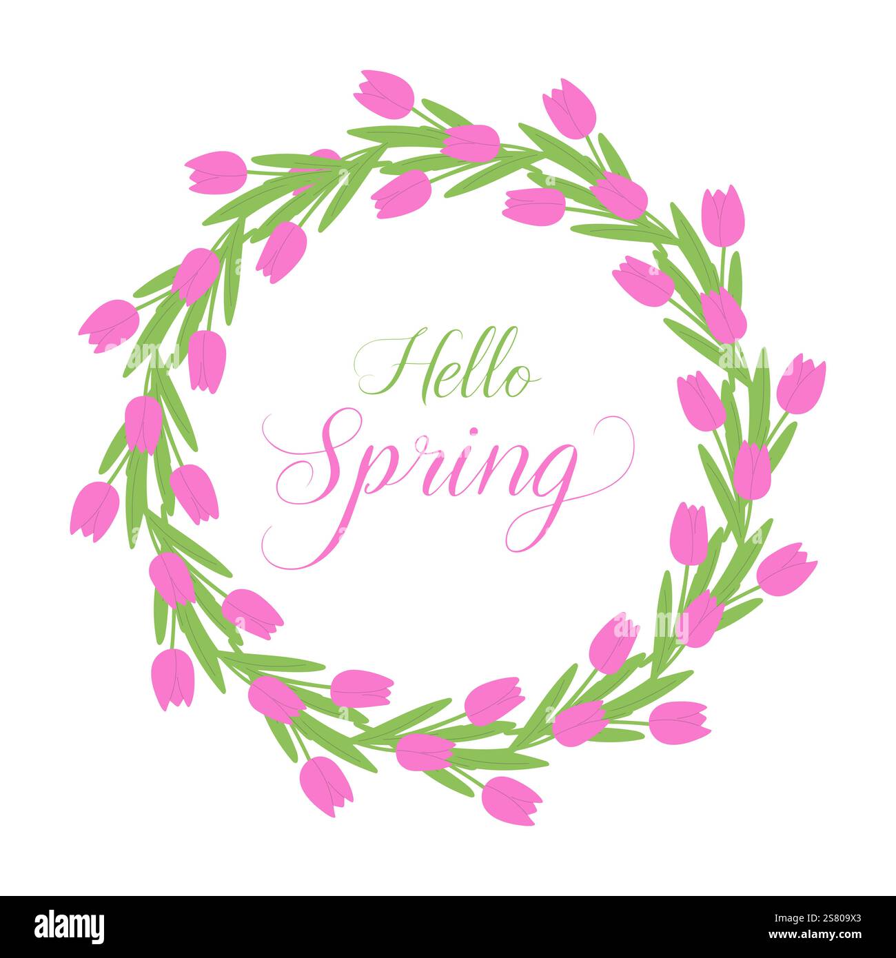Hello Spring text in wreath of pink tulips, hand drawn lettering, on ...