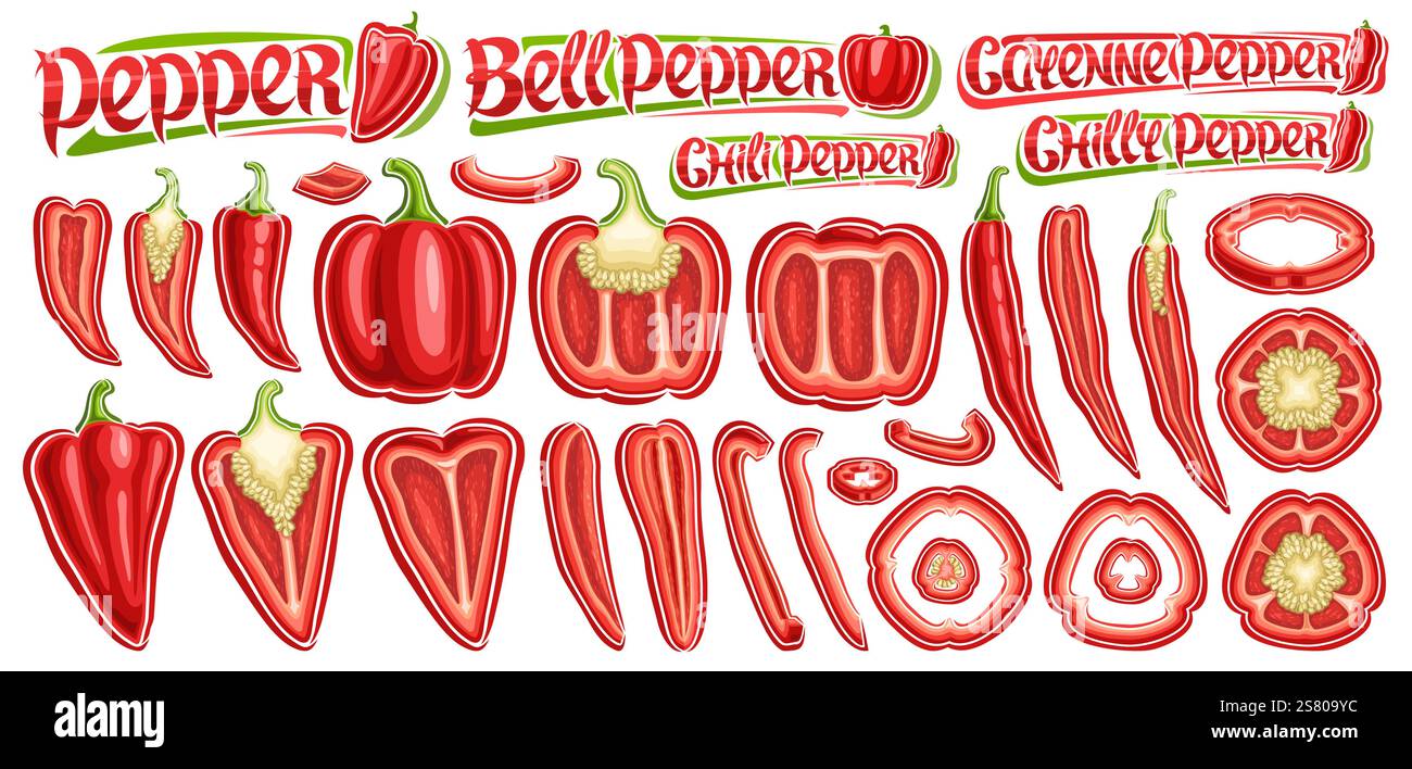 Vector Red Pepper Set, lot collection of cut out outline illustrations ...