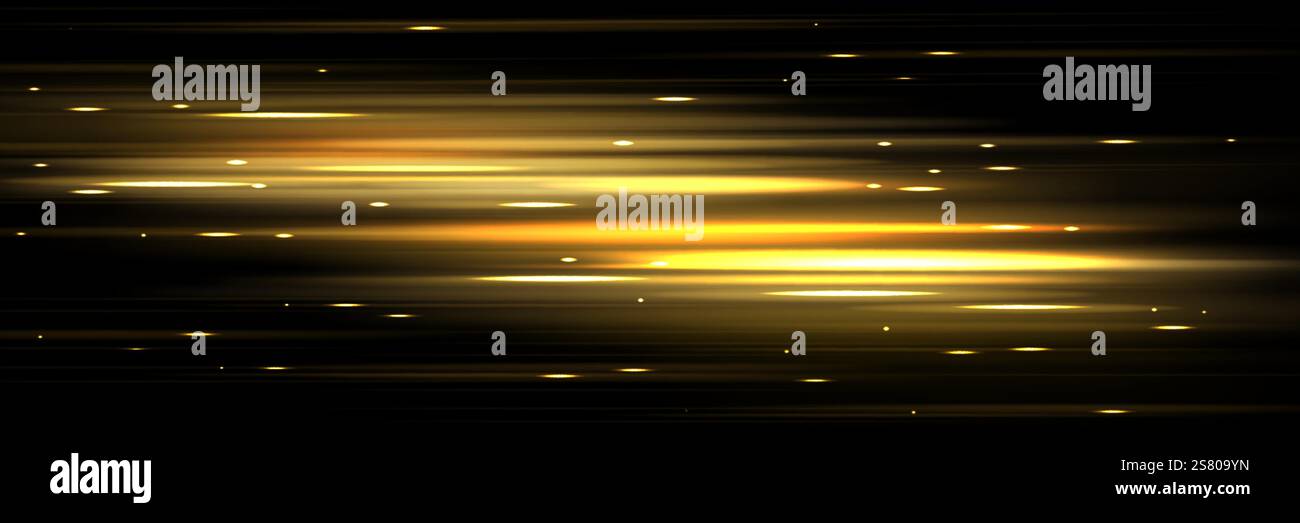 Horizontal golden speed light streaks with bright glowing particles ...