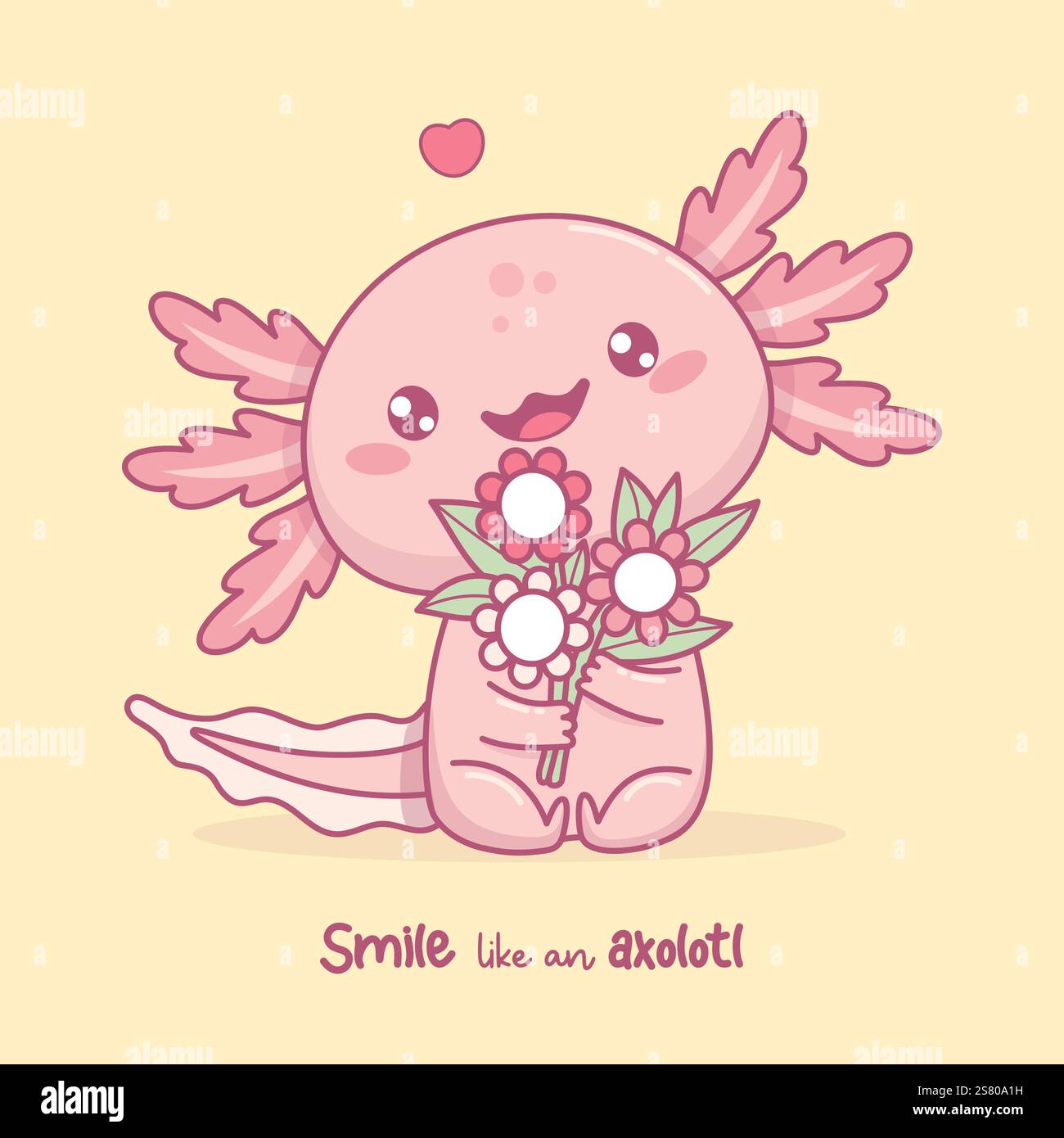 Cute smiling Axolotl with bouquet of flowers. Funny festive little ...