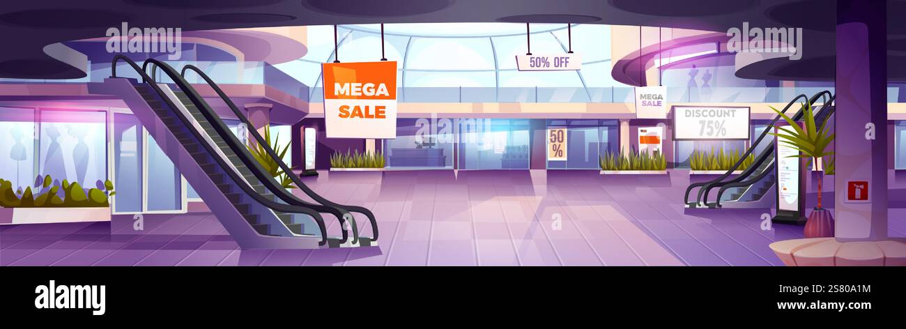 Shopping mall interior. Vector cartoon illustration of empty modern ...