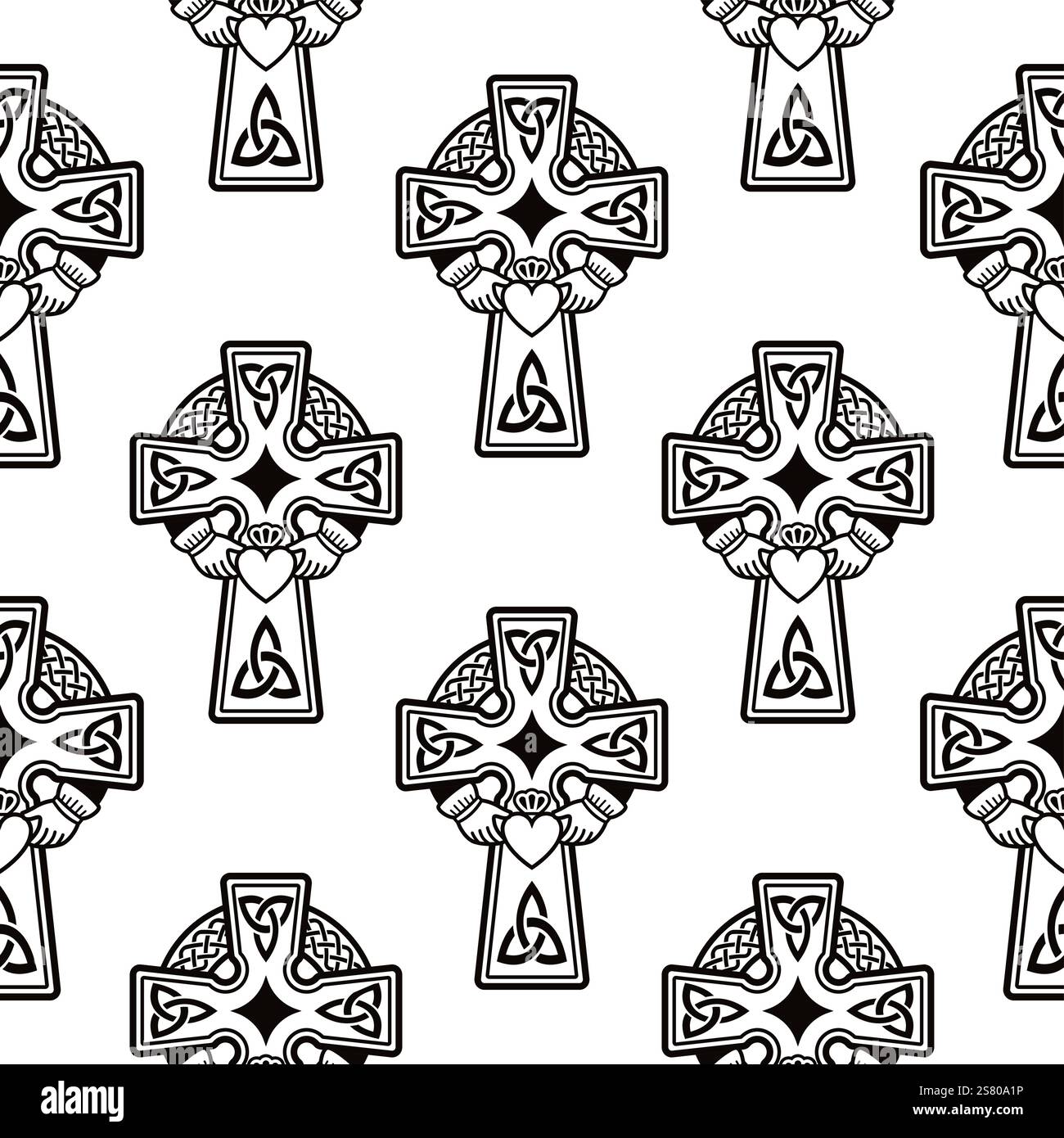Irish vector seamless pattern with Celtic cross with Claddagh ring ...