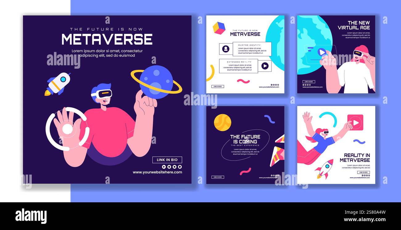 Virtual Reality Metaverse Social Media Post Design in Flat Cartoon Hand ...