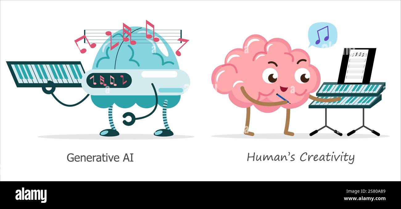 AI brain vs human brain in compose a music . Cartoon character . Vector ...