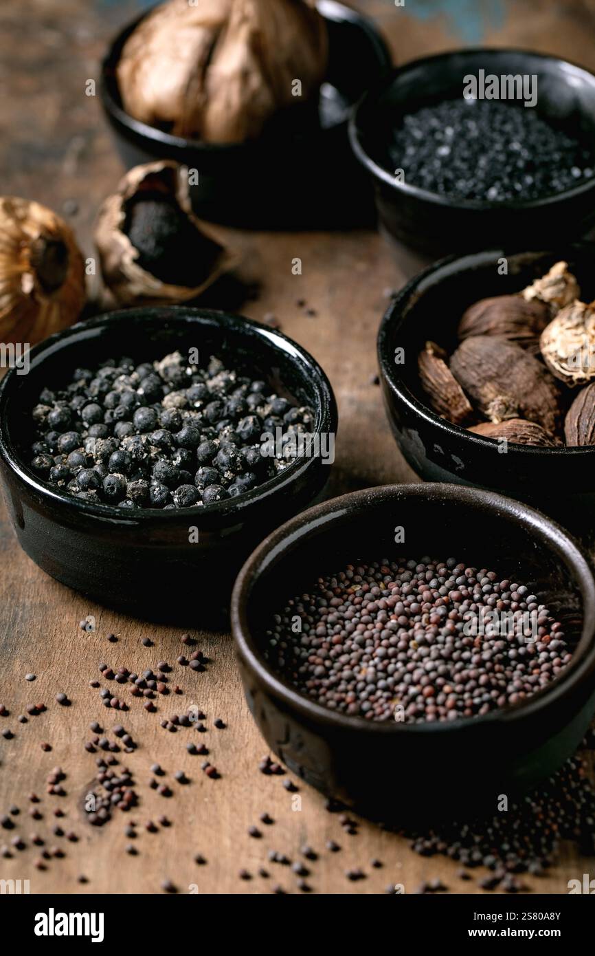 Set of five black spices: black fermented garlic, black Himalayan salt ...