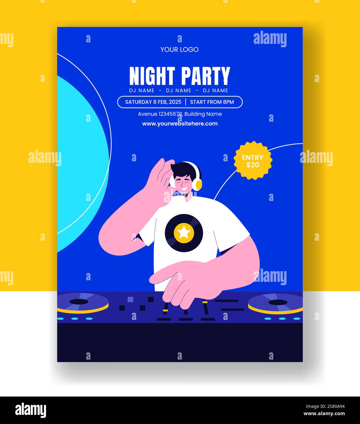 Vertical Poster Design for Club Night DJ Party with Flat Cartoon ...