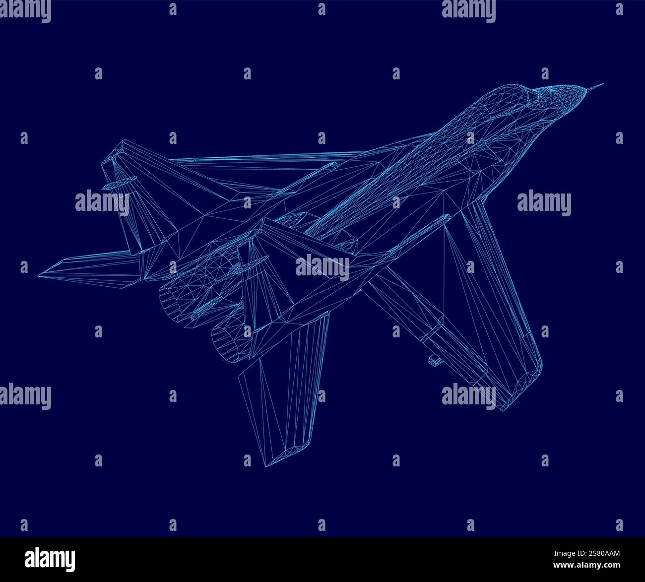 Blue airplane is shown in a blue background. The airplane is a fighter ...