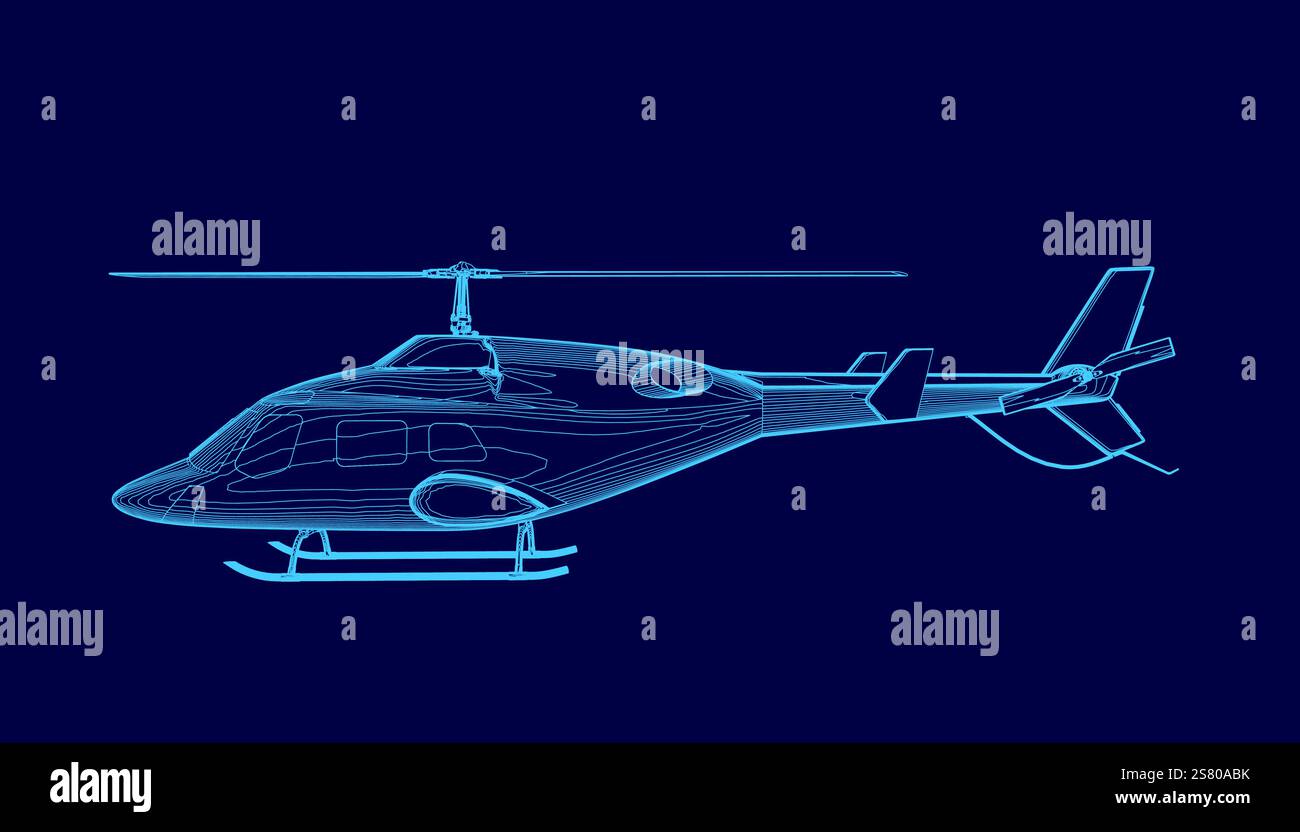 Blue helicopter is shown in a stylized way. The image has a futuristic ...