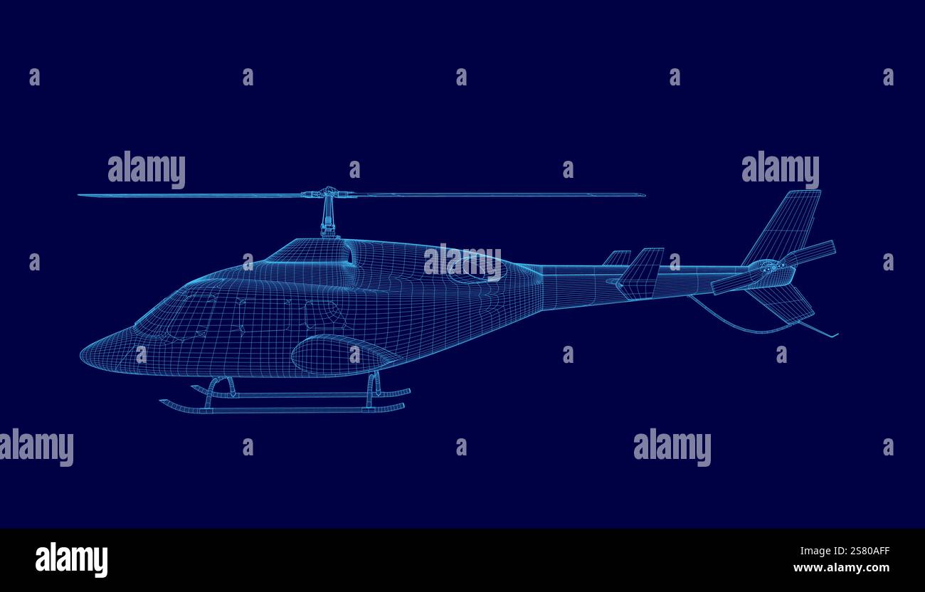 Blue helicopter is shown in a computer-generated image. The image has a ...