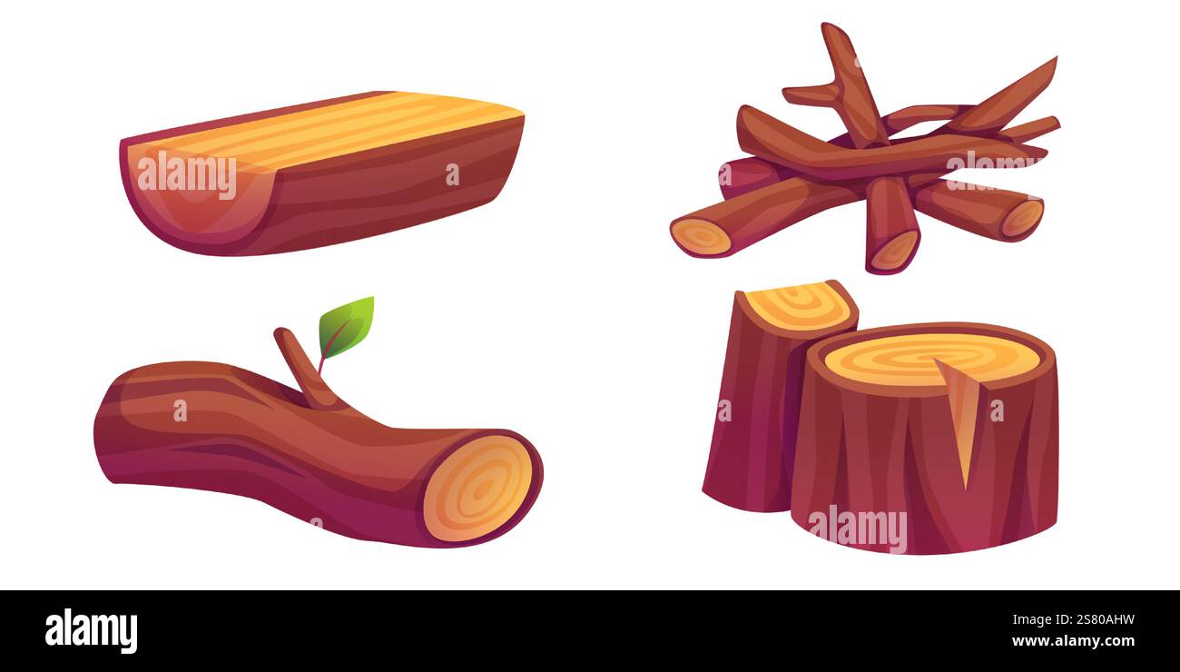 Wood elements set with chopped lumber - split log plank, pile of ...