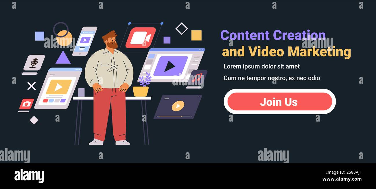 Content creation and video marketing concept Man standing among digital ...