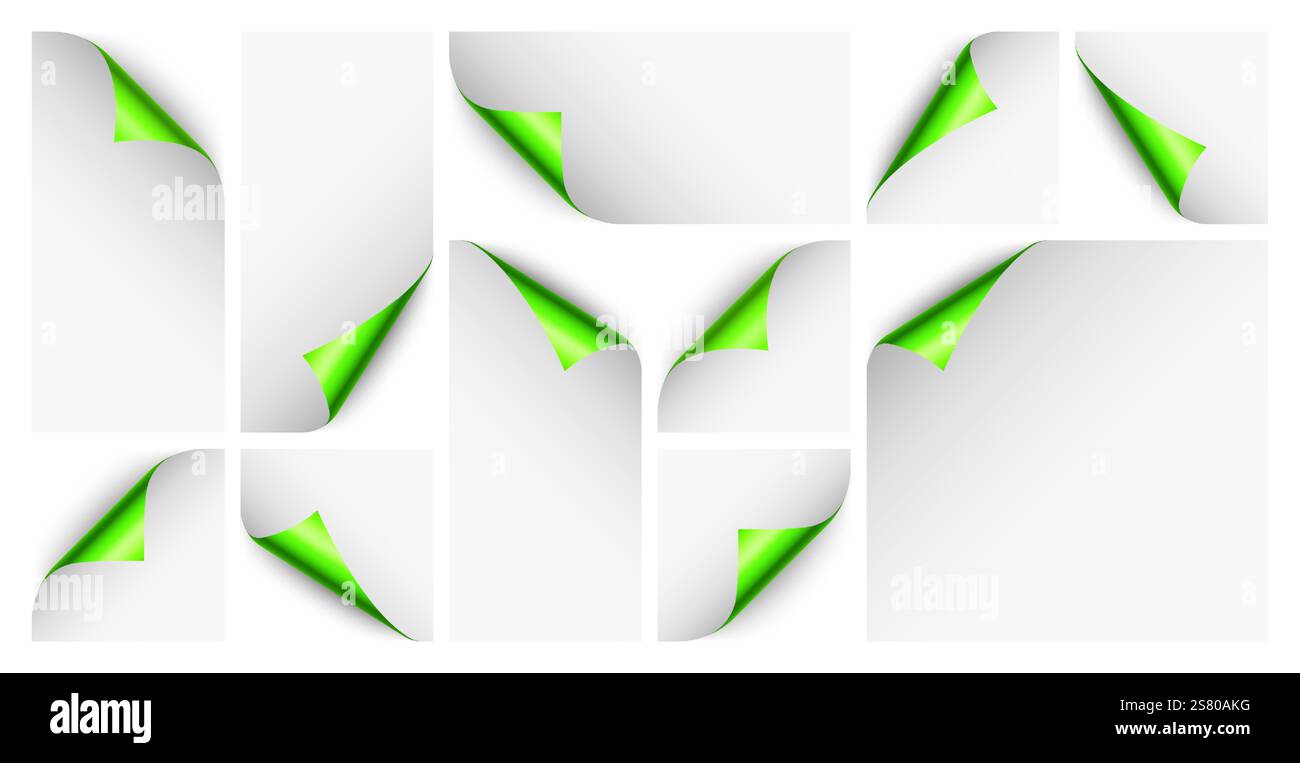 Set of green paper curls. Curled page corner with shadow. Blank sheet ...
