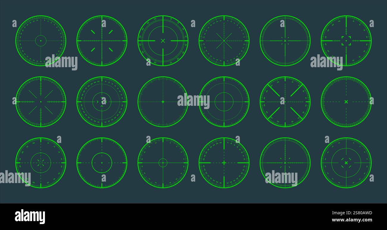 Various sniper rifle sights with degree scale, weapon optical scope ...