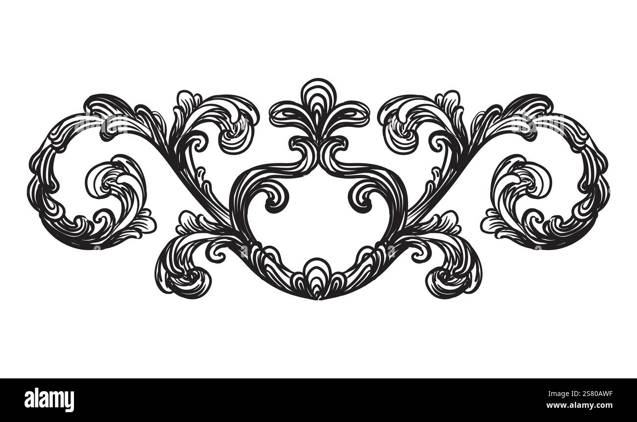 Hand drawing vintage decorative architectural detail, swirl floral design element in old ...