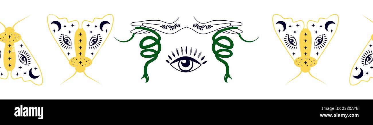 Horizontal border, set Magic and heavens seamless pattern, with magical ...