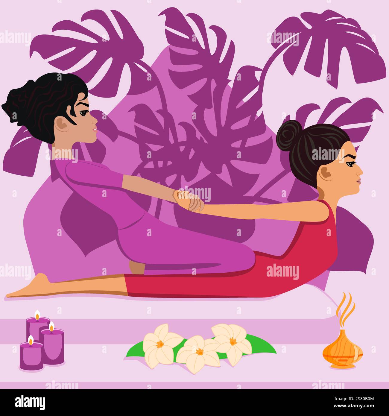 Thai massage. Therapy and treatment by professional therapist in SPA. Isolated flat vector ...