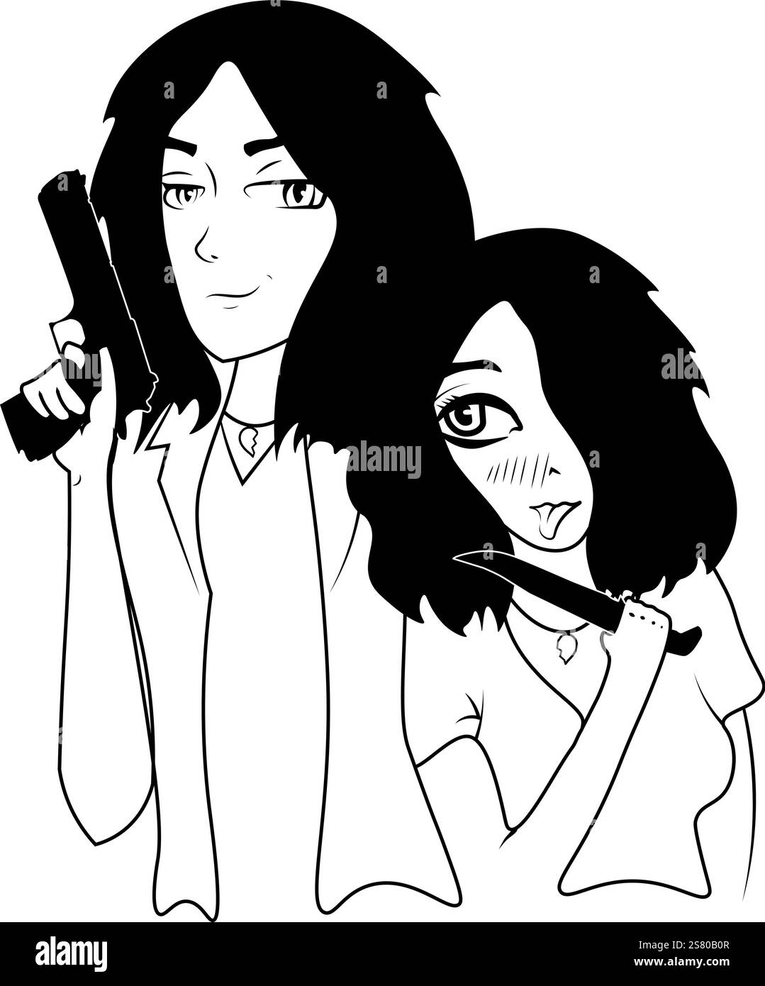 Outline drawing of a guy with a gun and a girl with a knife Stock ...