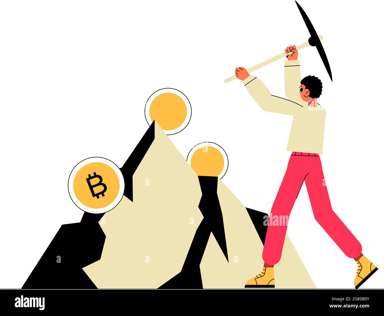 Male Character Mining Bitcoin On A Mountain With A Pickaxe In Flat ...