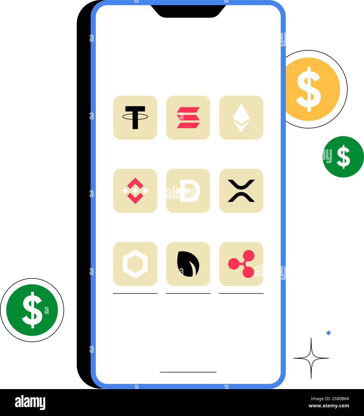 Smartphone Displaying Cryptocurrency Apps In Flat Vector Illustration Symbolizing Digital ...