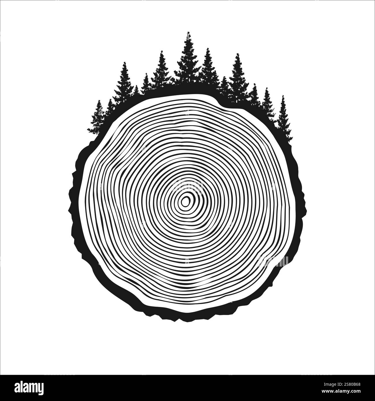 Round tree trunk cut with trees and forest. Sawn pine or oak slice ...