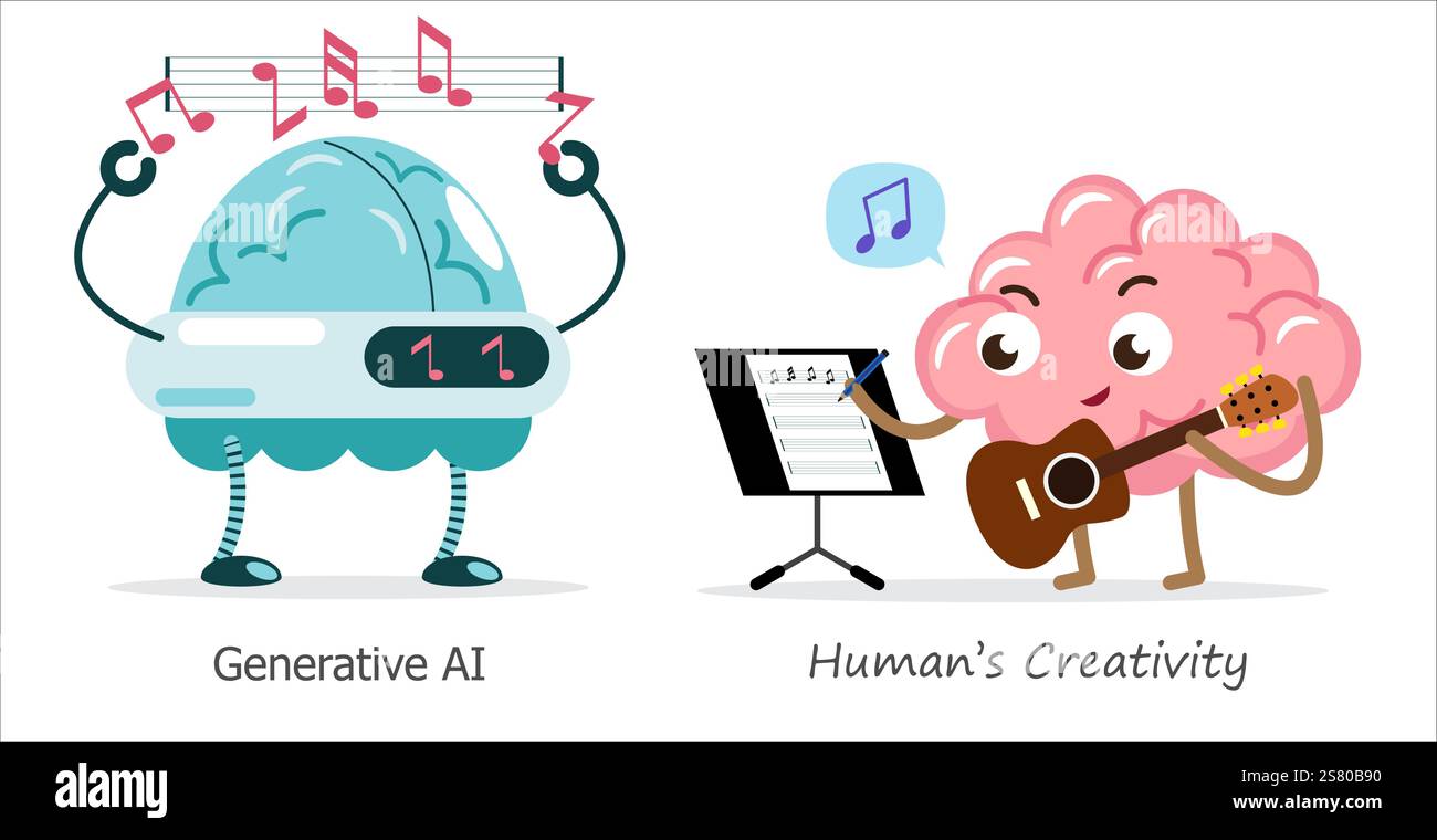AI brain vs human brain in compose a music . Cartoon character . Vector ...
