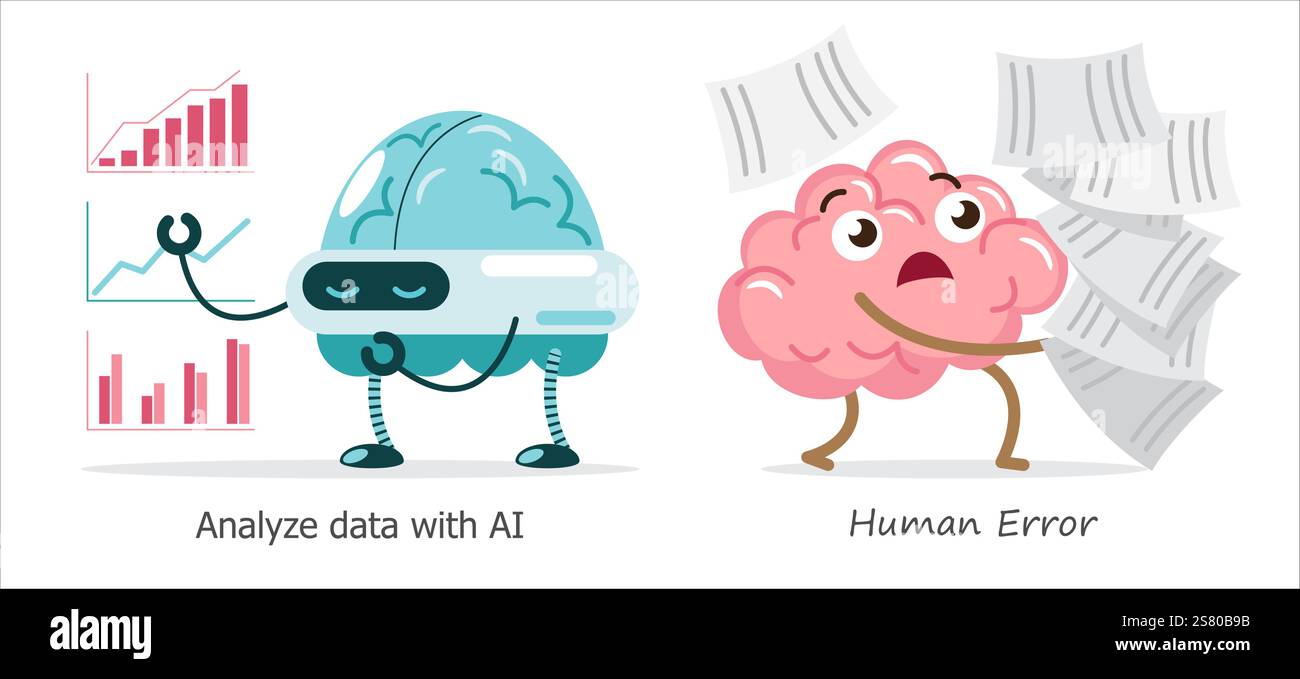 AI brain vs human brain in data analysis . Cartoon character . Vector ...