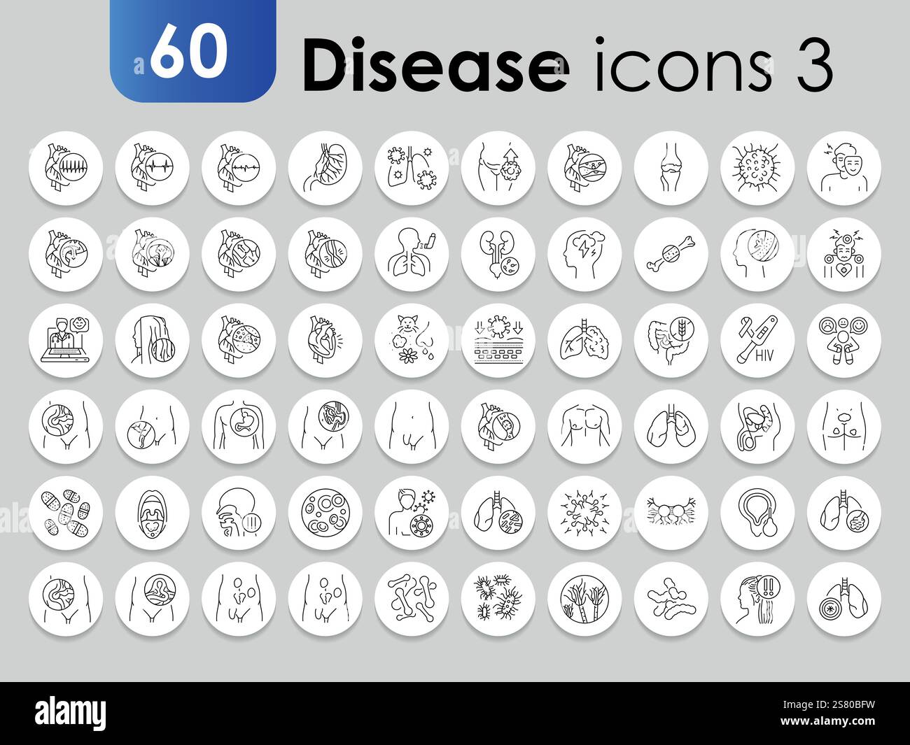 Diseases human organs black line icons set. Infographics with symbols. Vector isolated element ...