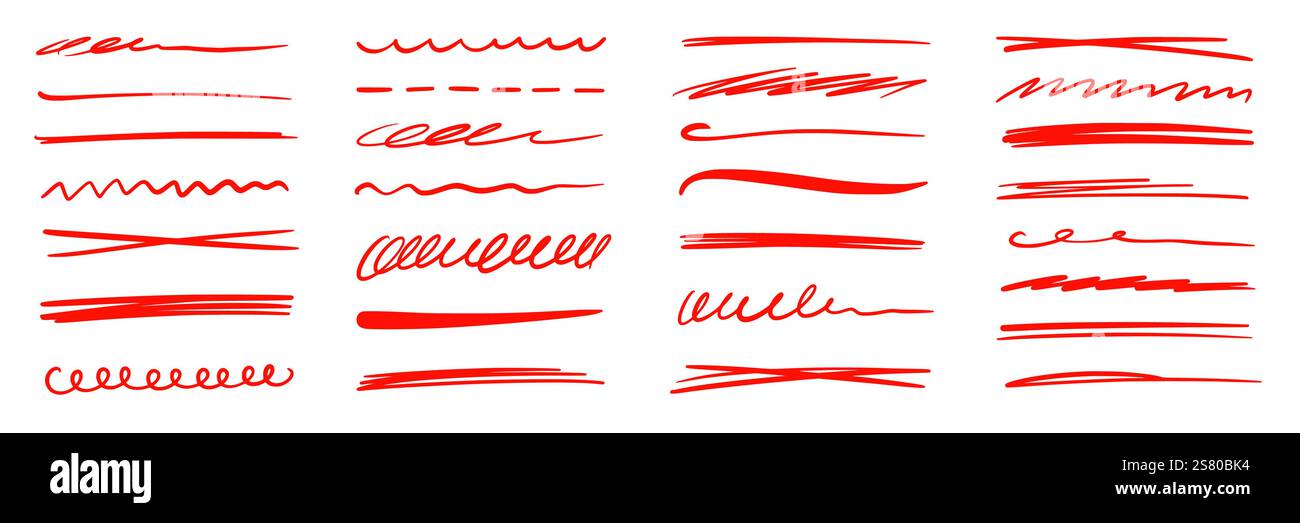 Red marker underline brush stroke set. Marker red pen highlights ...