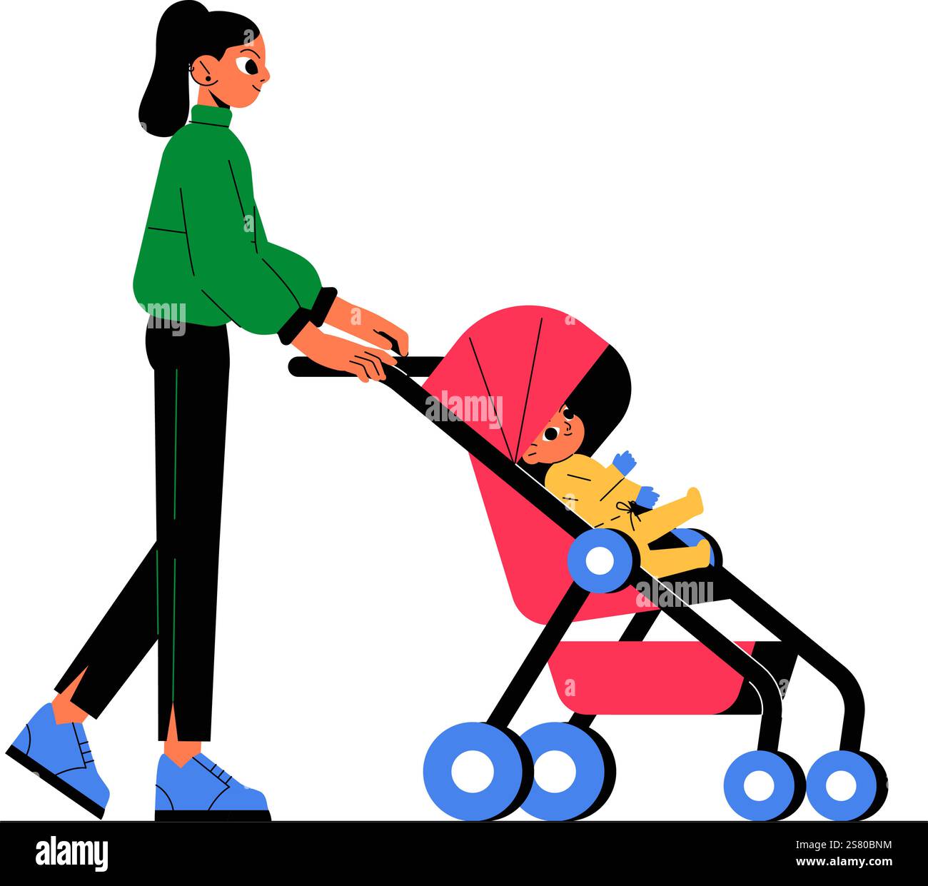 Woman Pushing Baby Stroller In Flat Vector Illustration Symbolizing ...