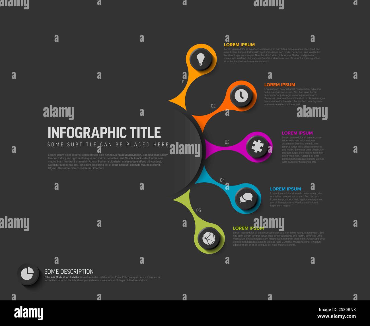 Colorful dark infographic template with five connected elements. The ...