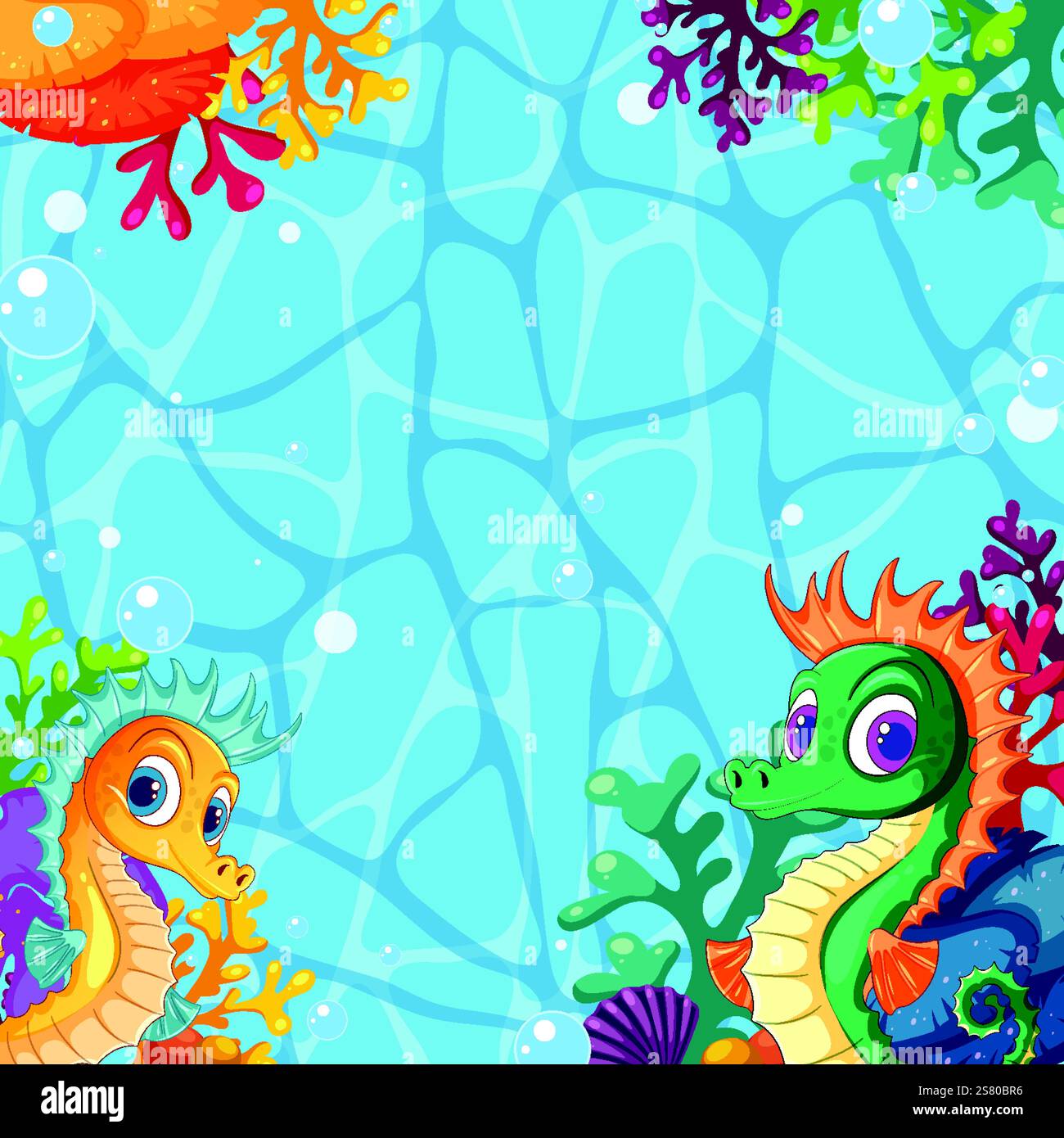 Vibrant sea creatures surrounded by coral and bubbles Stock Vector ...