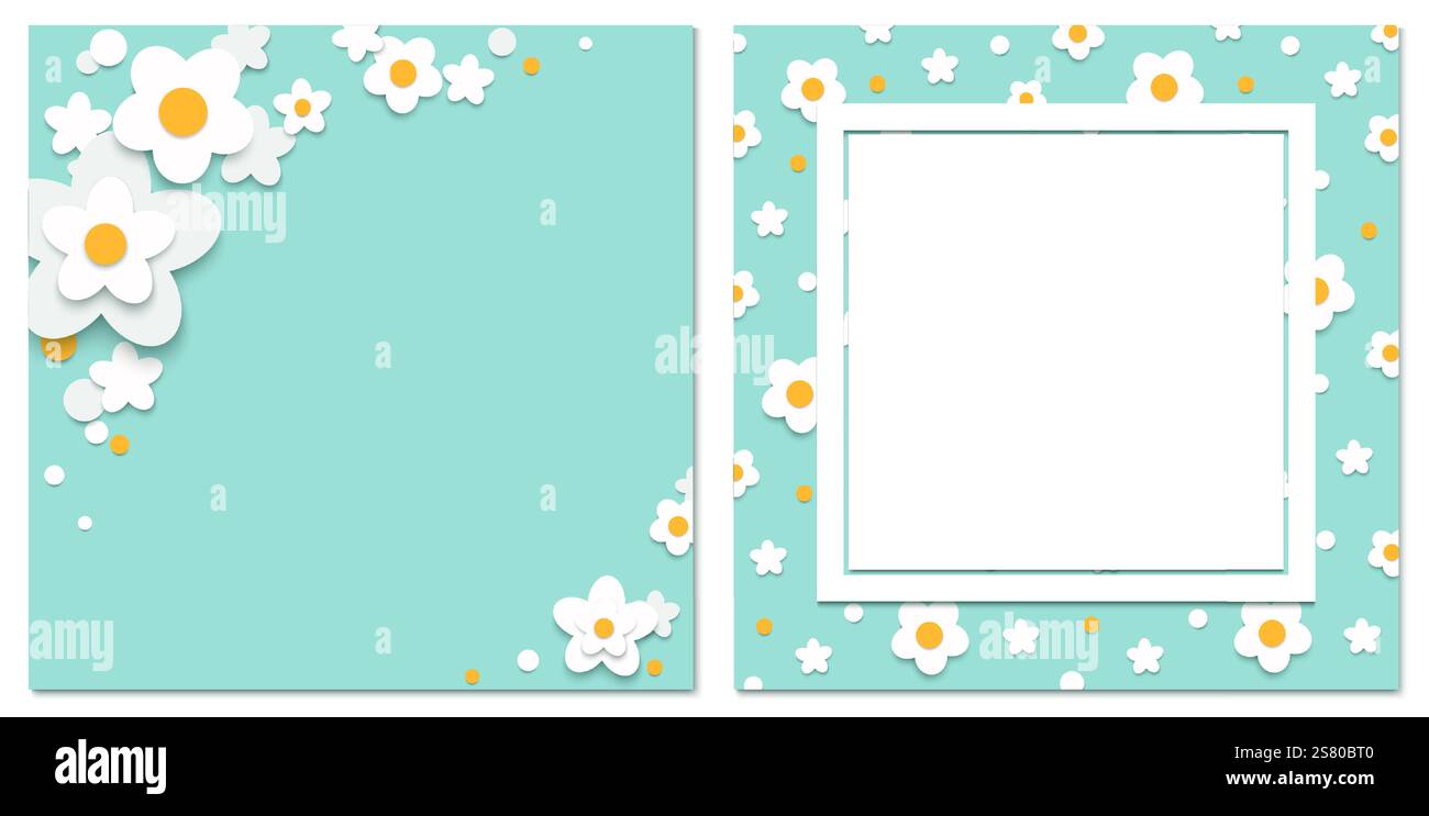 Spring frame and background with white paper cut flowers on green ...
