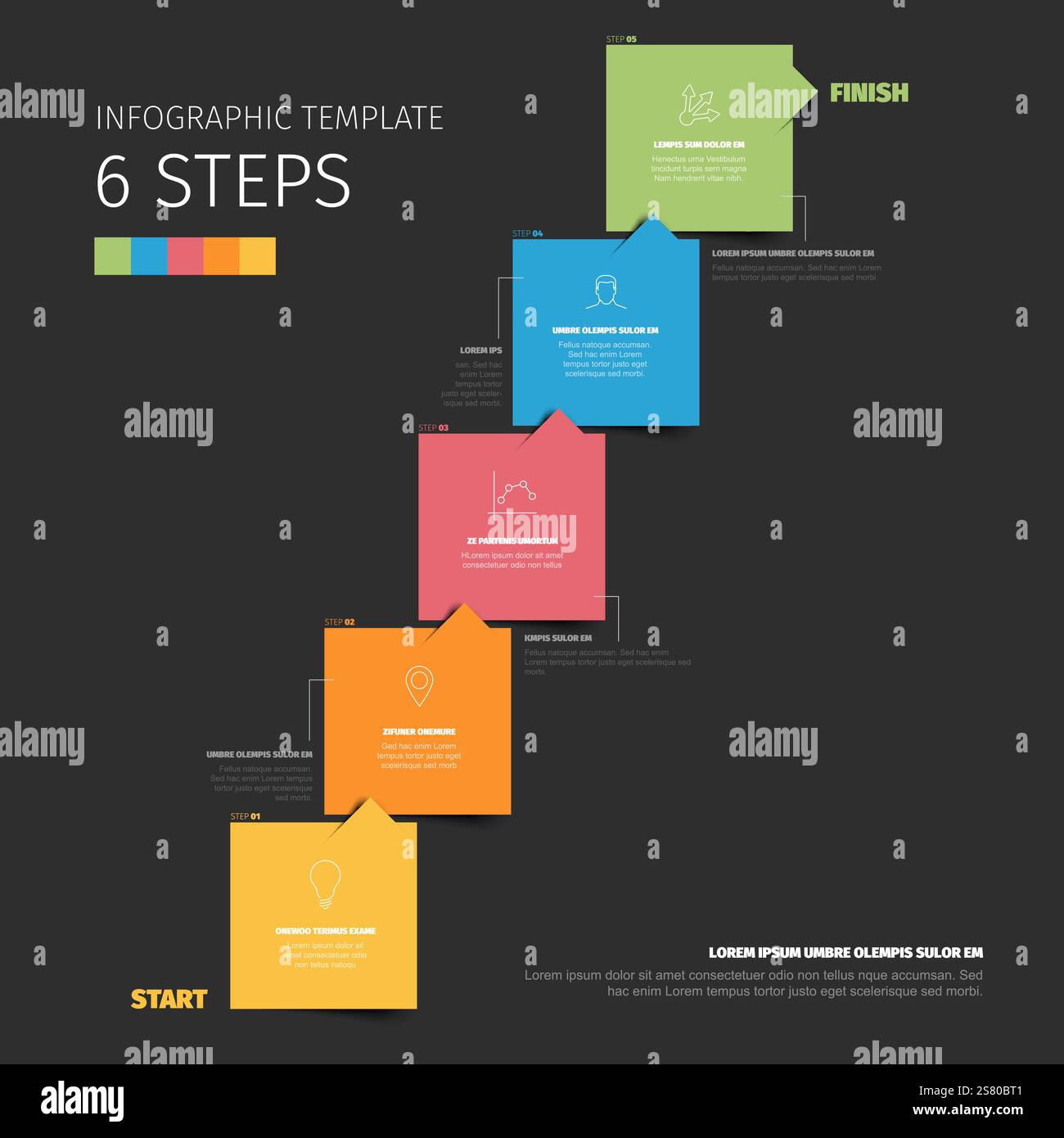 Dark pastel six step infographic template with colorful, labeled boxes ...