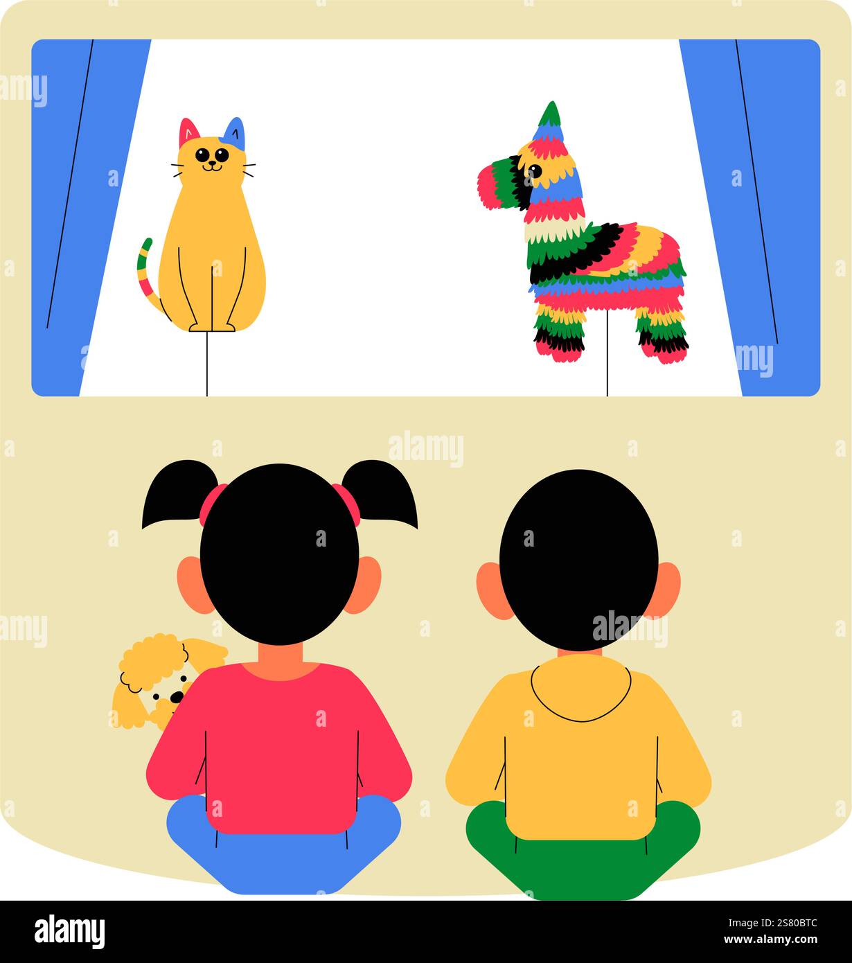 Children Watching A Puppet Show In Flat Vector Illustration Symbolizing Entertainment ...