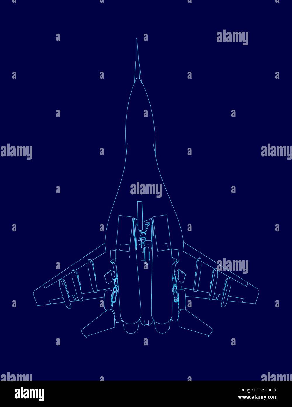 Blue airplane is shown in a blue background. The airplane is a fighter ...