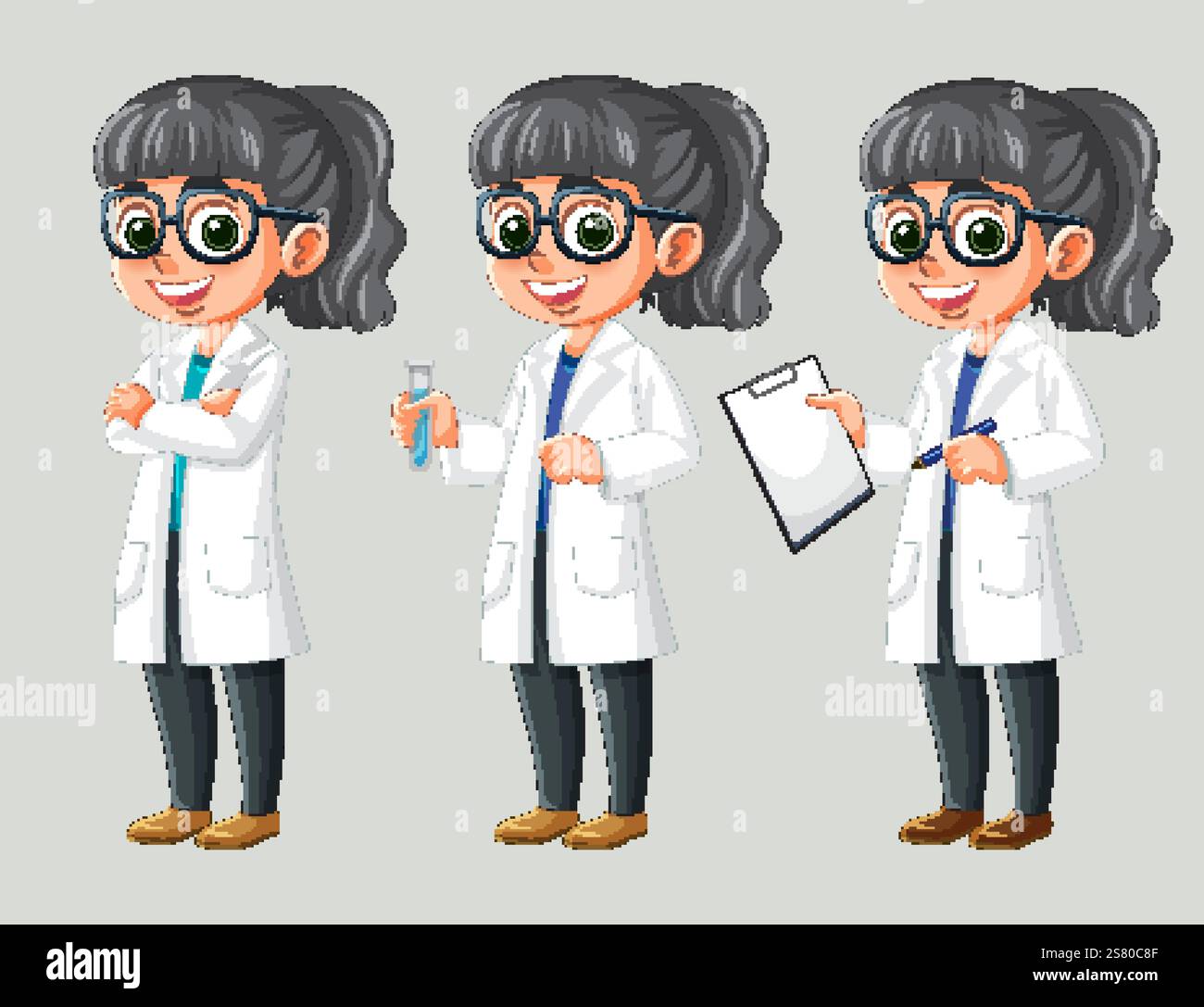 Cartoon girl scientist with lab equipment and clipboard Stock Vector ...