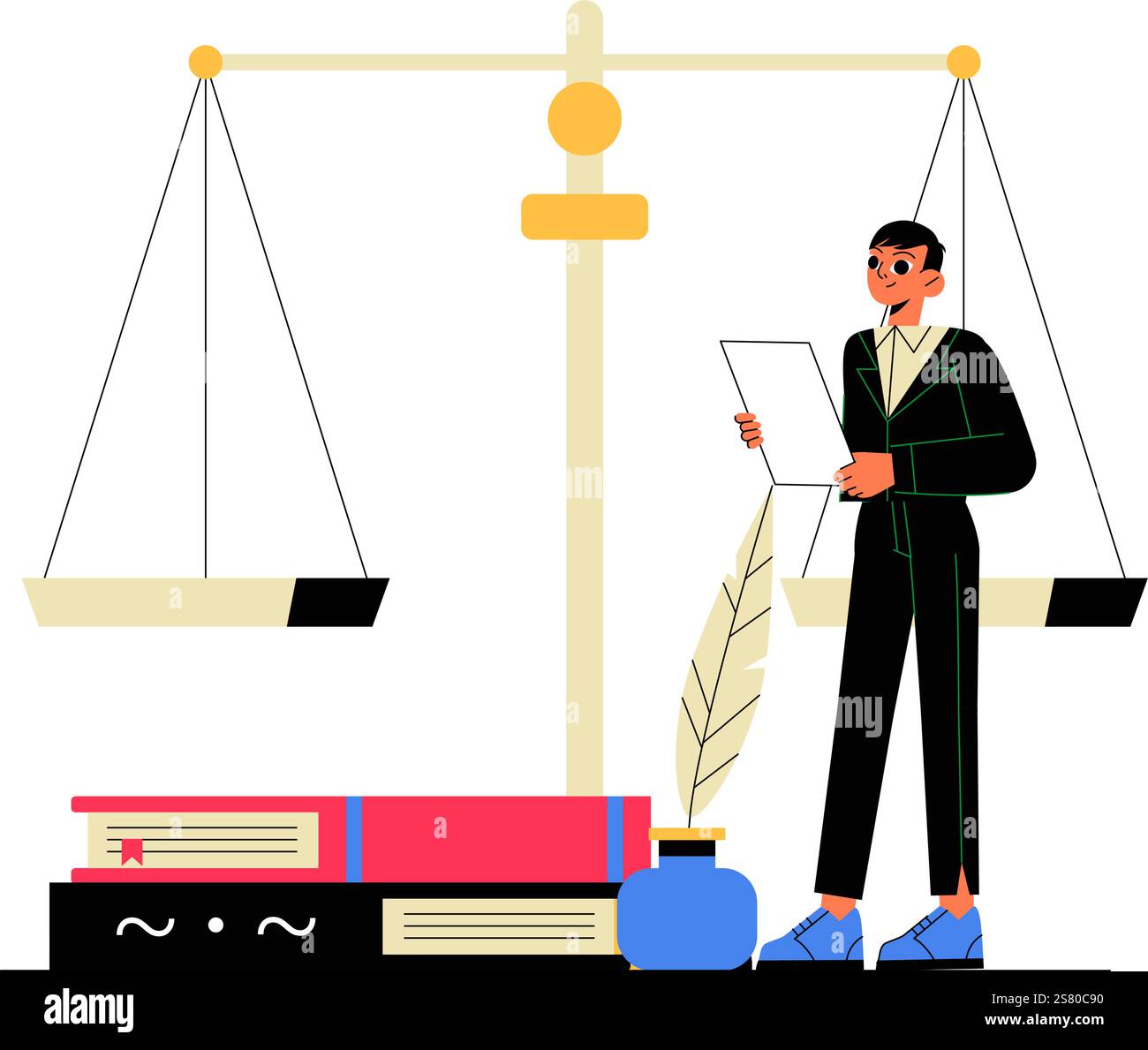 Male Legal Professional Reading Document Next To Scales Of Justice In Flat Vector Illustration ...