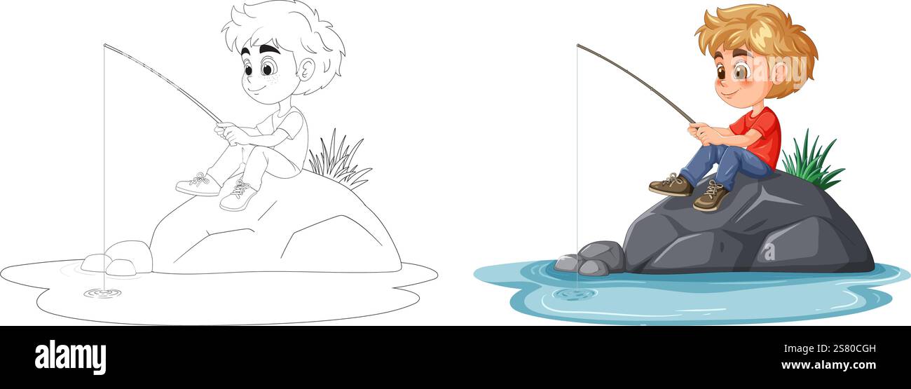 A boy sits on a rock fishing peacefully Stock Vector Image & Art - Alamy