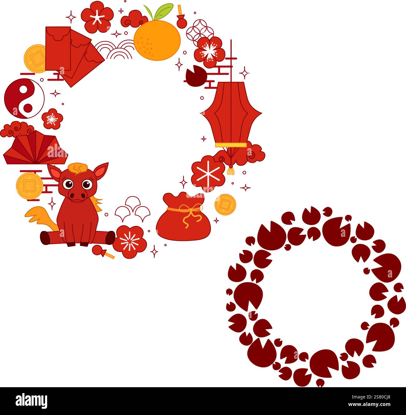 Vector graphic line circle round frame with chinese new year of horse ...