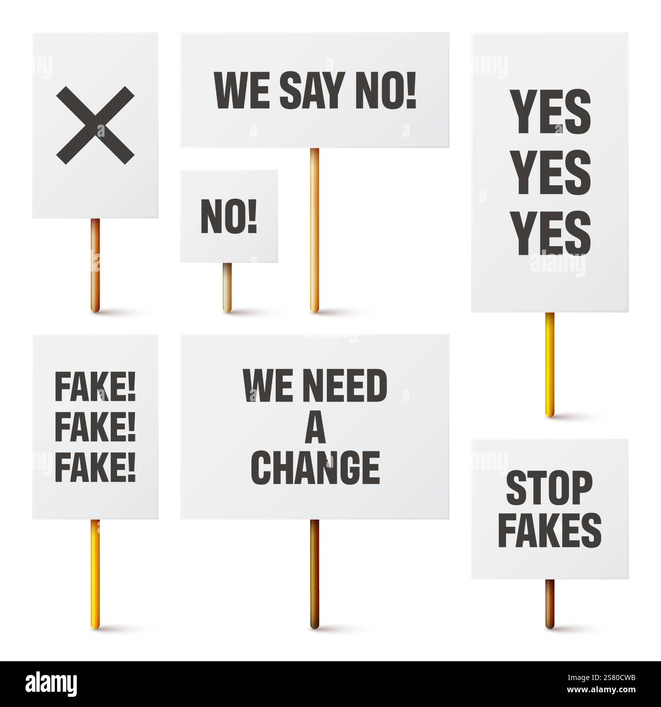 Blank white protest signs with text slogans on wooden holder. Various ...