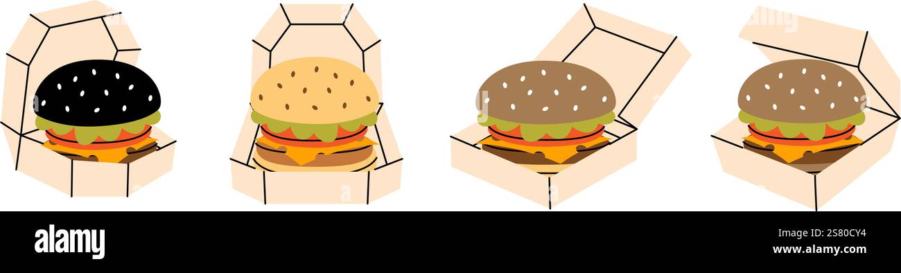 Set of burger in cardboard boxes. Traditional American fast food. Takeaway snack. Vector ...